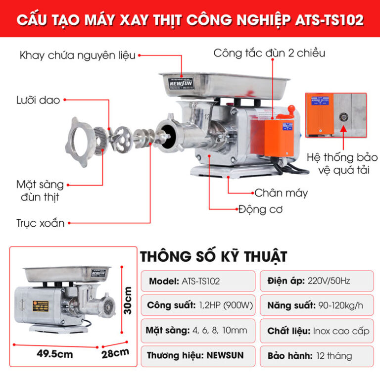 Máy xay thịt công nghiệp ATS-TS102 cao cấp, năng suất 120kg/h
